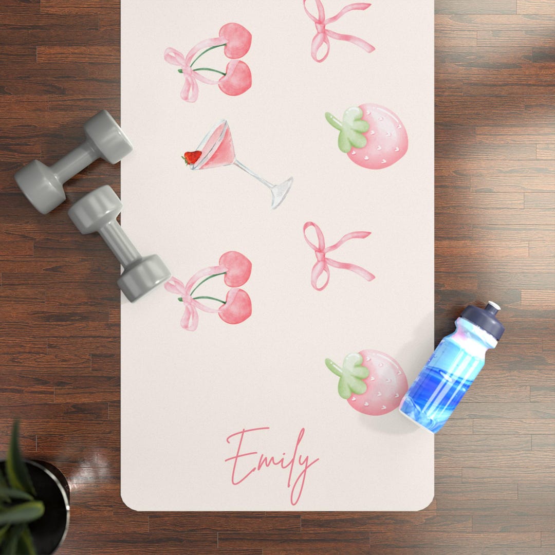 Personalized Yoga Mat With Pink Cocktails, Cherries, and Strawberries ...