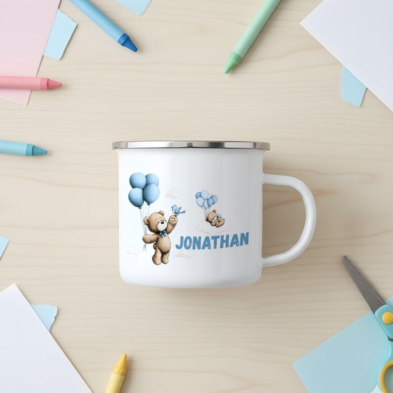 Personalized Bear Balloon Enamel Mug, Unbreakable Custom Name Kids Mug ...