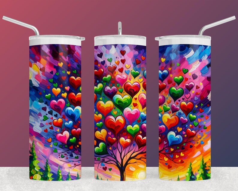 Colorful Heart Tree Design for Tumblers - Vibrant Sunset Background ...