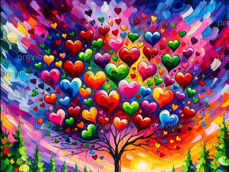 Colorful Heart Tree Design for Tumblers - Vibrant Sunset Background ...