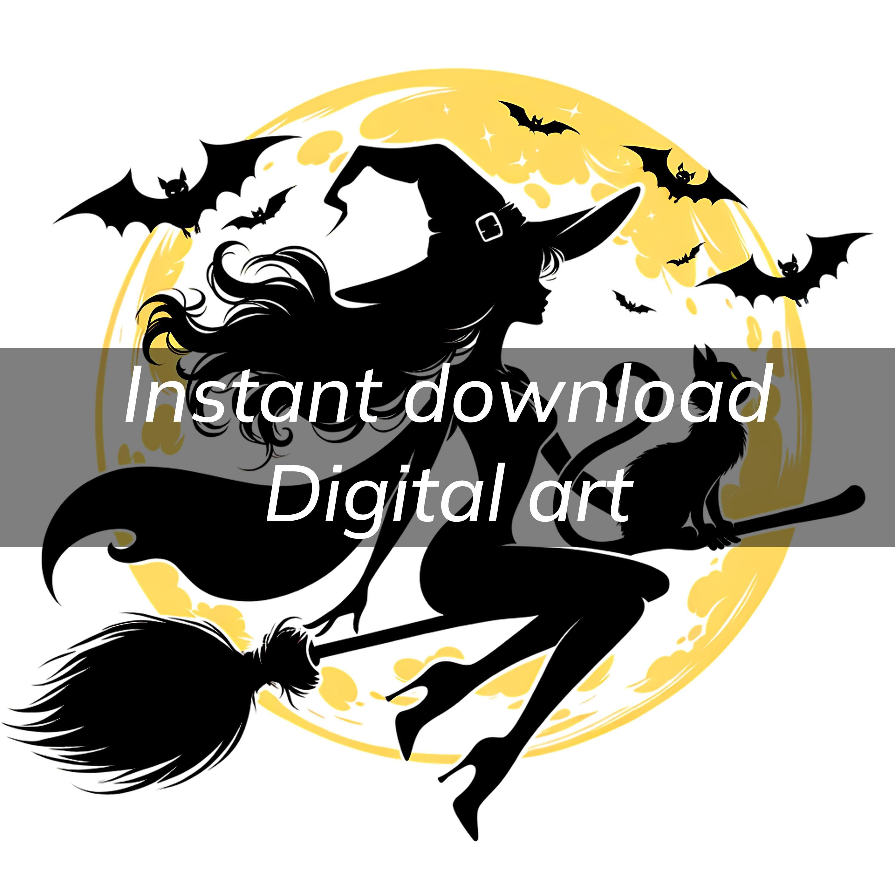 Witch Moon Cat Silhouette Whimsical Moon Girl Digital Art, Transparent ...