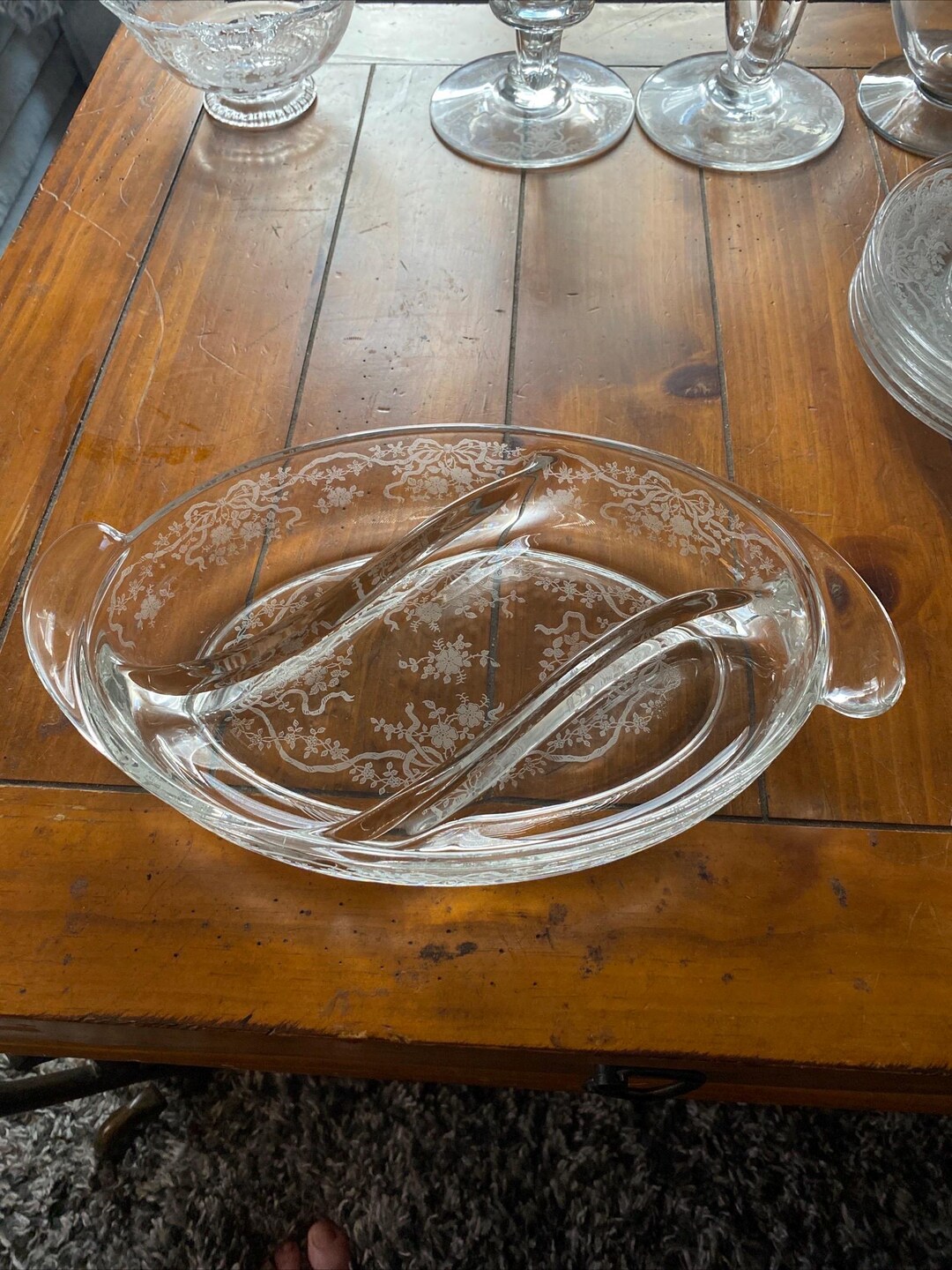 Vintage FOSTORIA Glass ROMANCE 3 Section Divided Relish Dish W/ Ectched ...