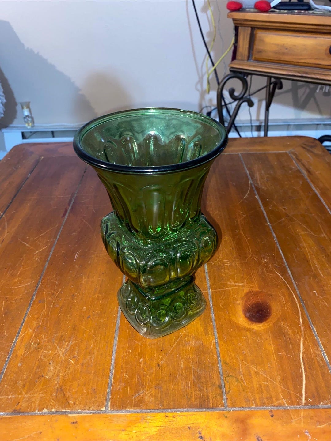 VTG MCM Green Glass Vase Bullseye Thumbprint Flare Top Square Base - Etsy