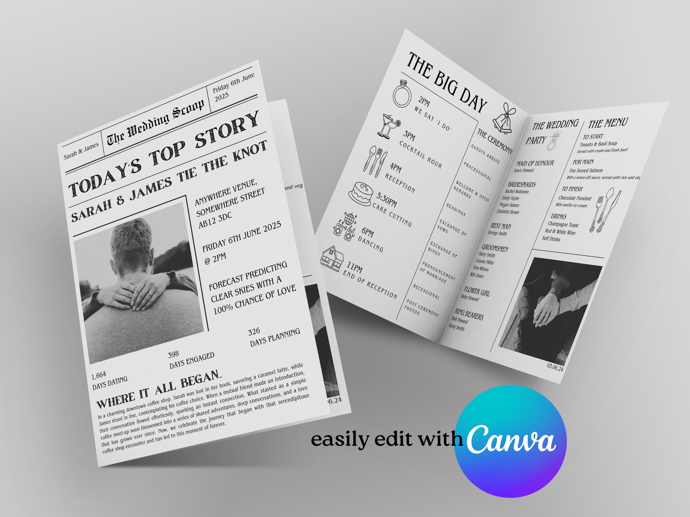 Editable Minimalist Wedding Newspaper Program, Wedding Itinerary ...