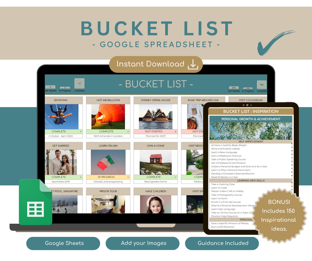 Bucket List Tracker Spreadsheet Template, Add Your Images, Bucket List Google Sheets Editable ...