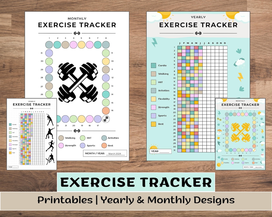 Exercise Tracker Printable | Monthly & Yearly Designs | Fitness Journal ...