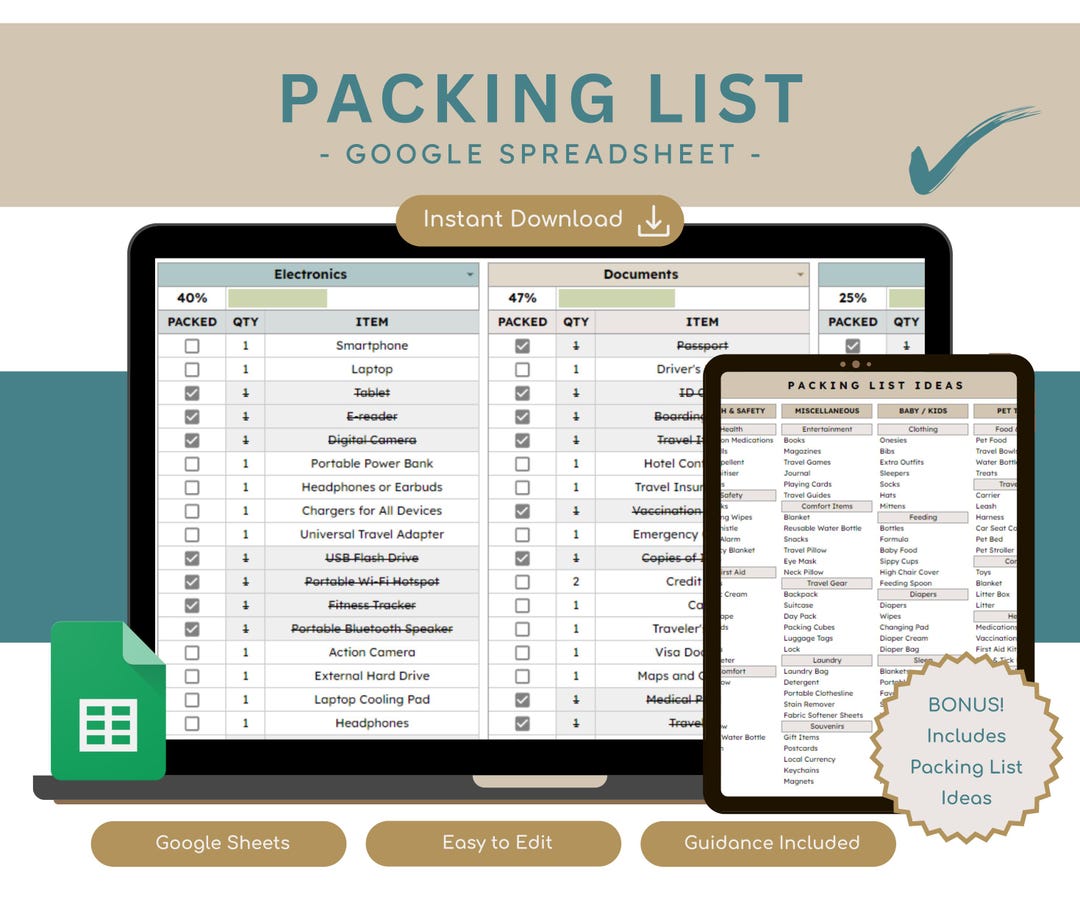 Packing List | Google Sheets Template | Instant Digital Download - Etsy