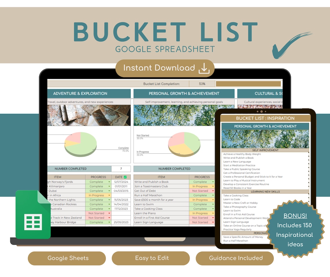 Bucket List Tracker Spreadsheet Template, Bucket List Google Sheets Editable, Bucket List ...