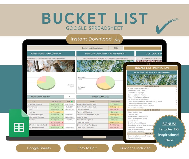 Bucket List Tracker Spreadsheet Template, Bucket List Google Sheets ...