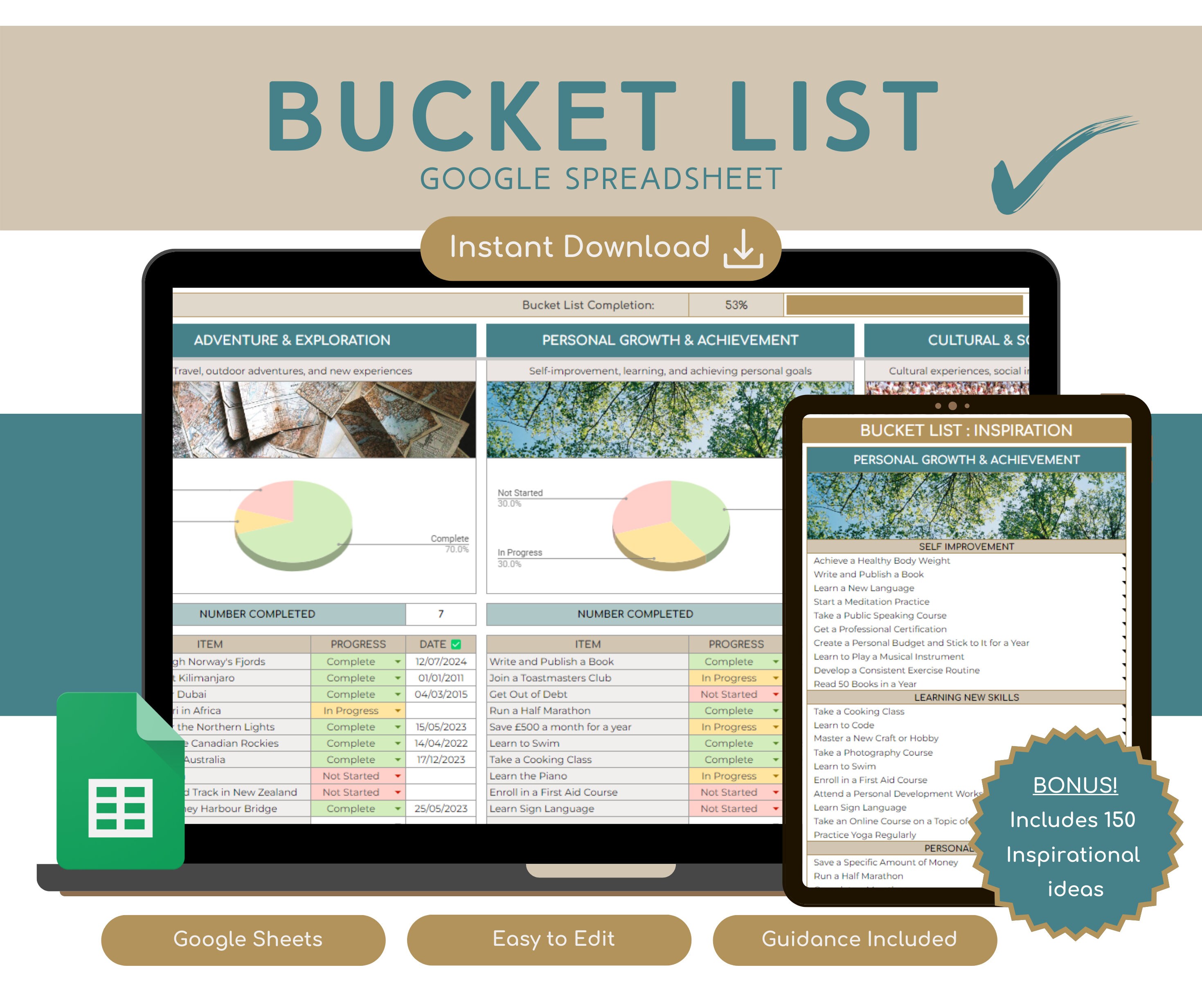 Bucket List Tracker Spreadsheet Template, Bucket List Google Sheets ...