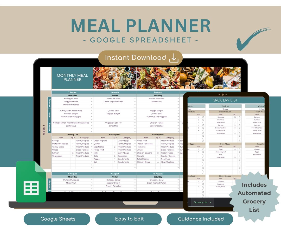 Monthly Meal Planner | Google Sheets With Grocery List (digital ...