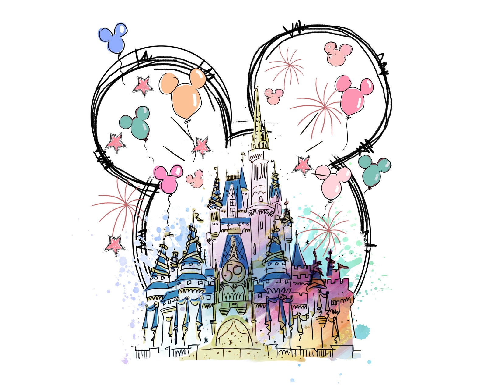 Watercolor Magical Kingdom Png, Mouse Ear Castle Png, Retro Colorful ...