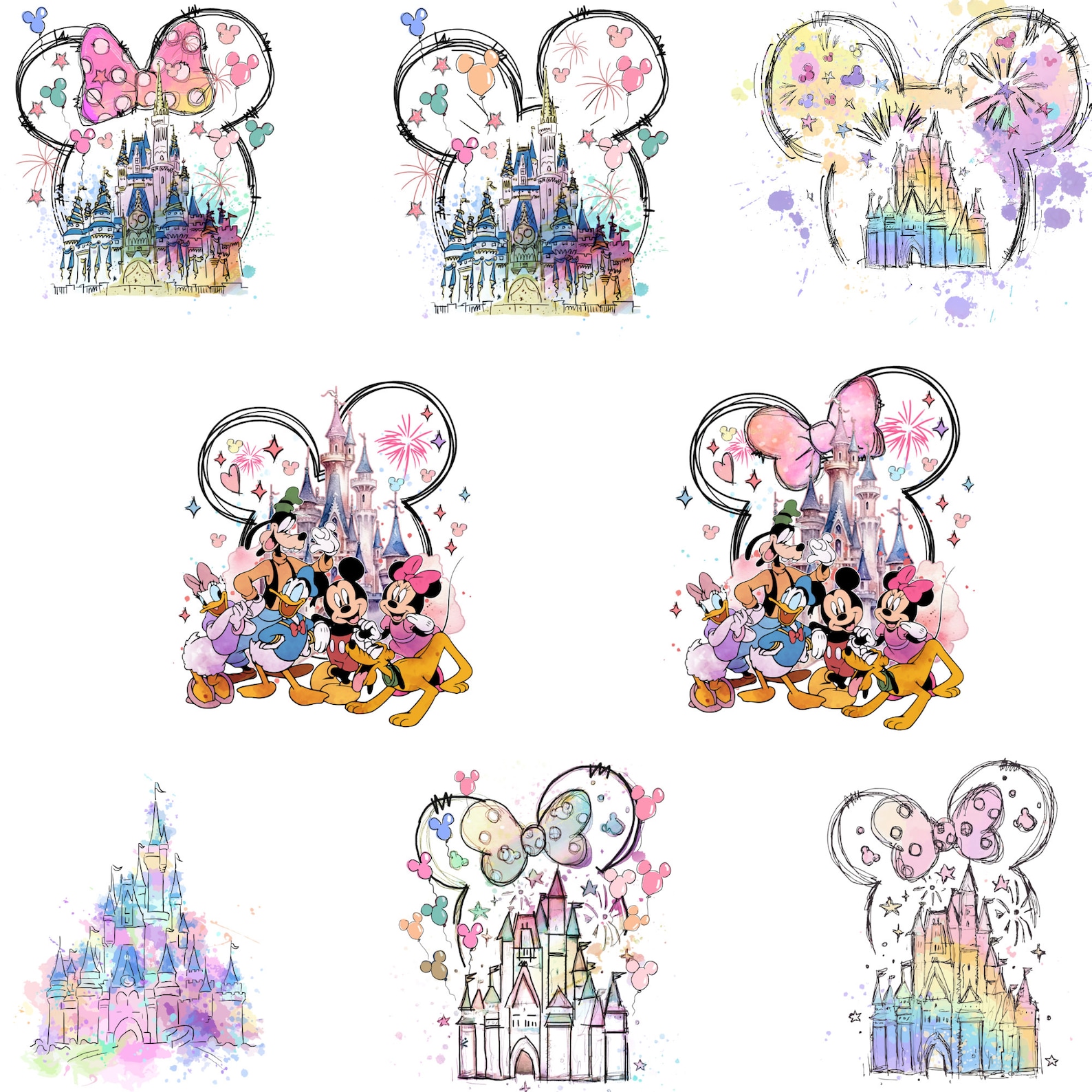 Bundle Watercolor Castle Png, Mouse Ear Castle Png, Retro Colorful ...