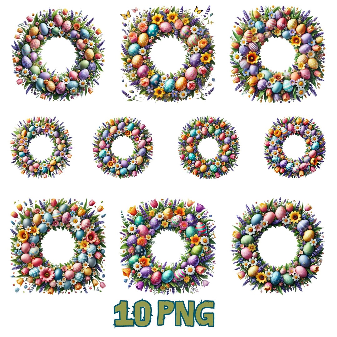 10 Spring Easter Wreath PNG, Floral Egg Wreath Clipart, Pastel Greenery ...