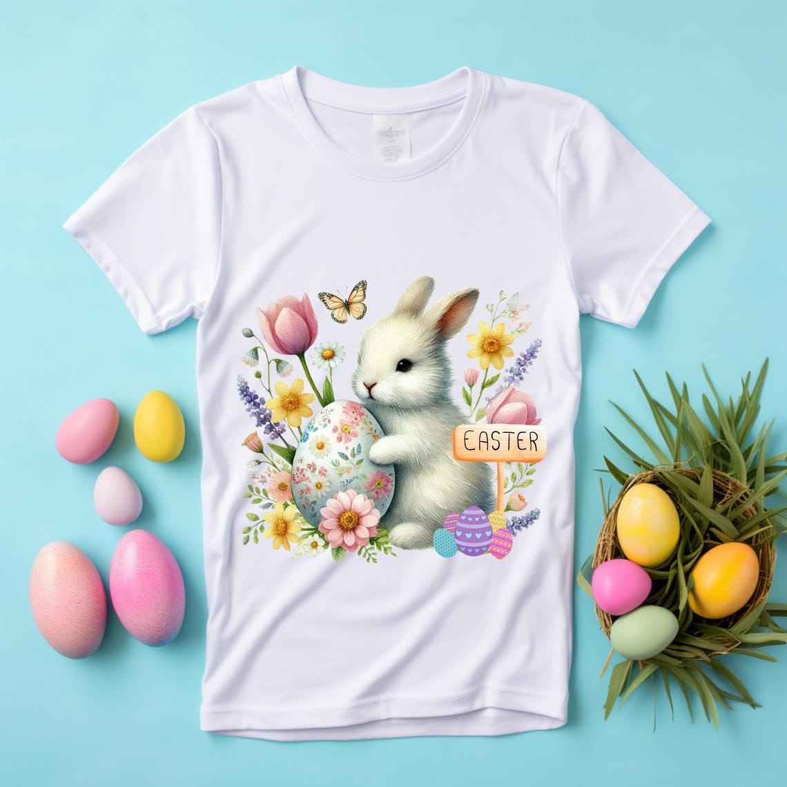 Cute Easter Bunny PNG, Floral Spring Rabbit Clipart, Pastel Bunny With ...