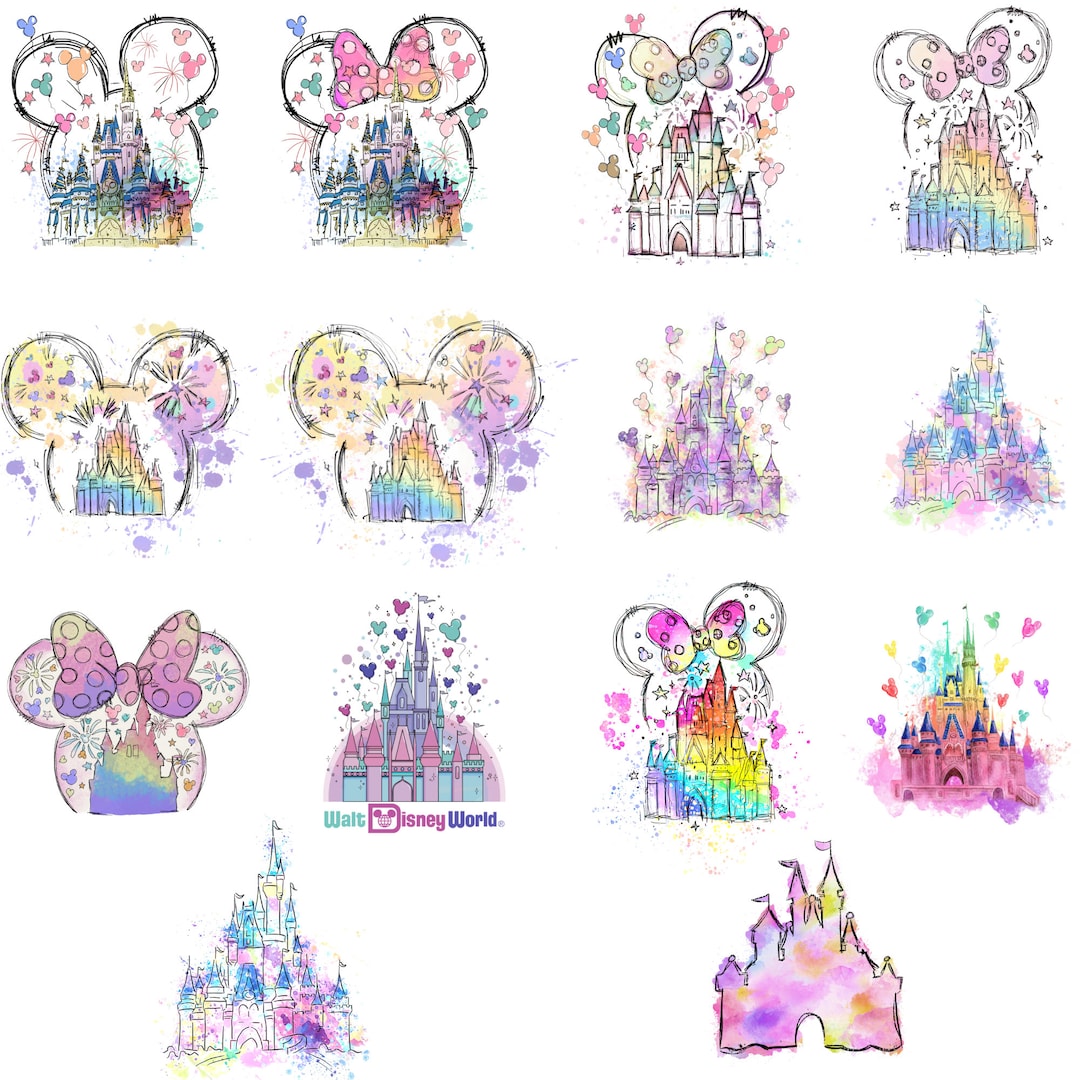 Bundle Watercolor Castle Png, Mouse Ear Castle Png, Retro Colorful ...