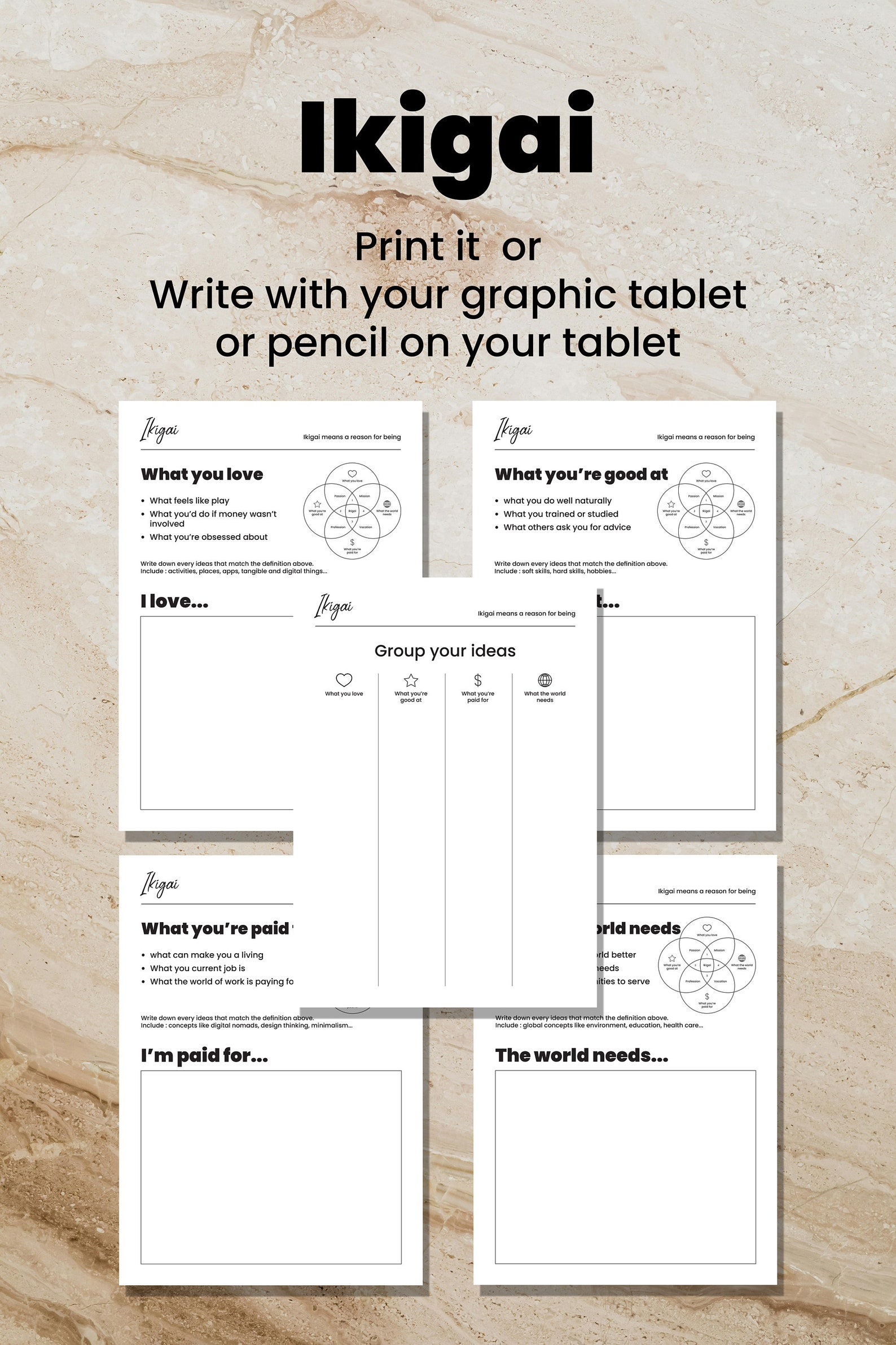 Ikigai Worksheet Printable, Life Goal, Purpose Finder, Reason for Being ...
