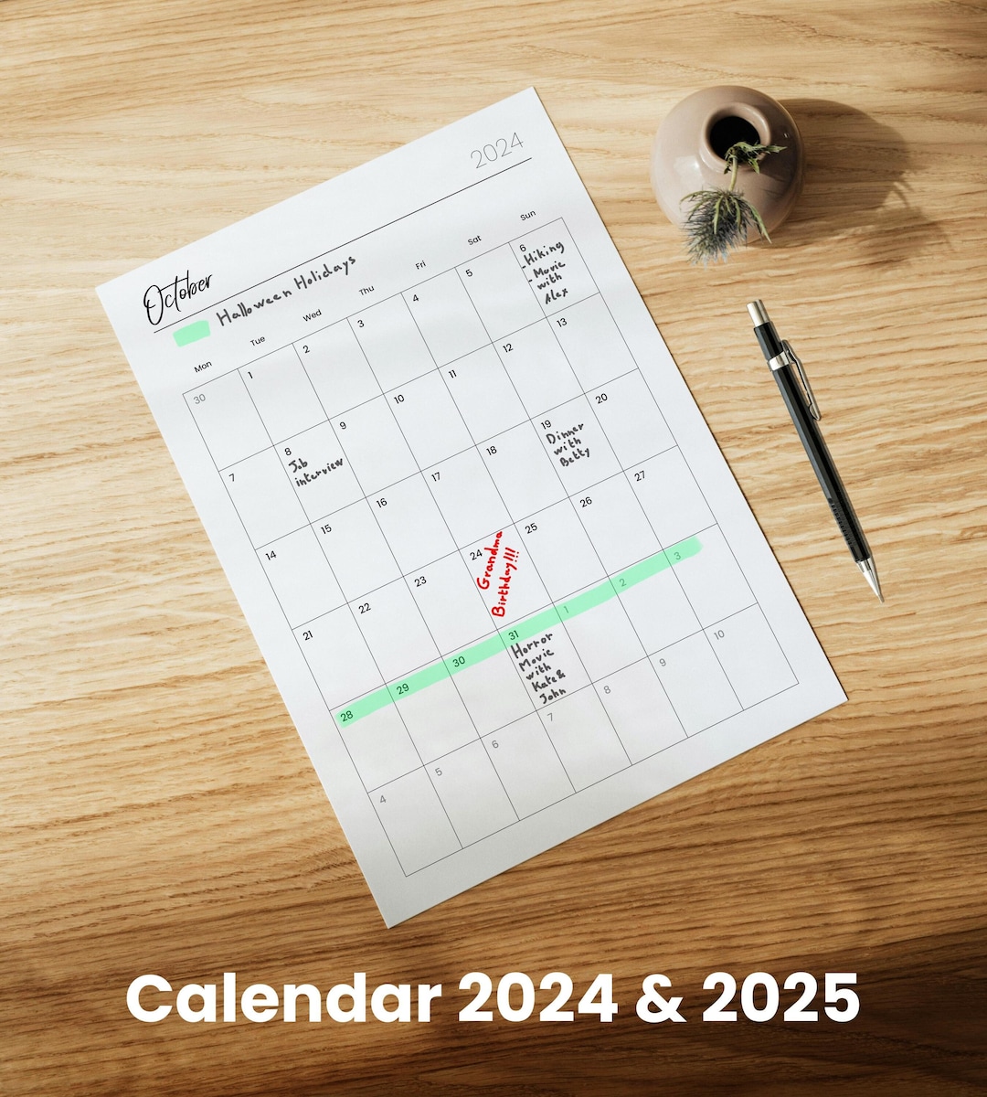 Calendar 2024 & 2025 Printable, Monthly Template, Fillable Calendar, A4 ...
