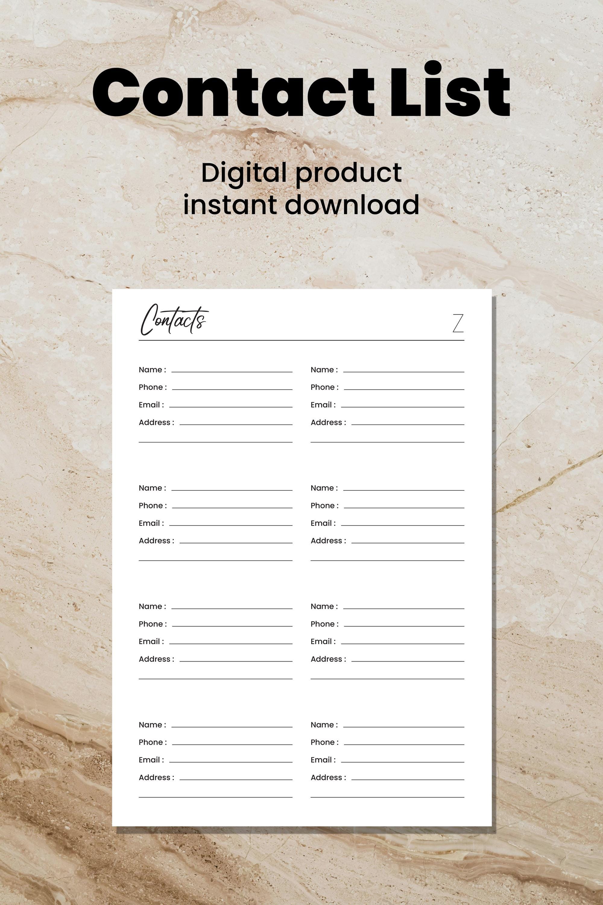 Contact List Printable, Phone List, Contact Organizer, Address List, A4 ...