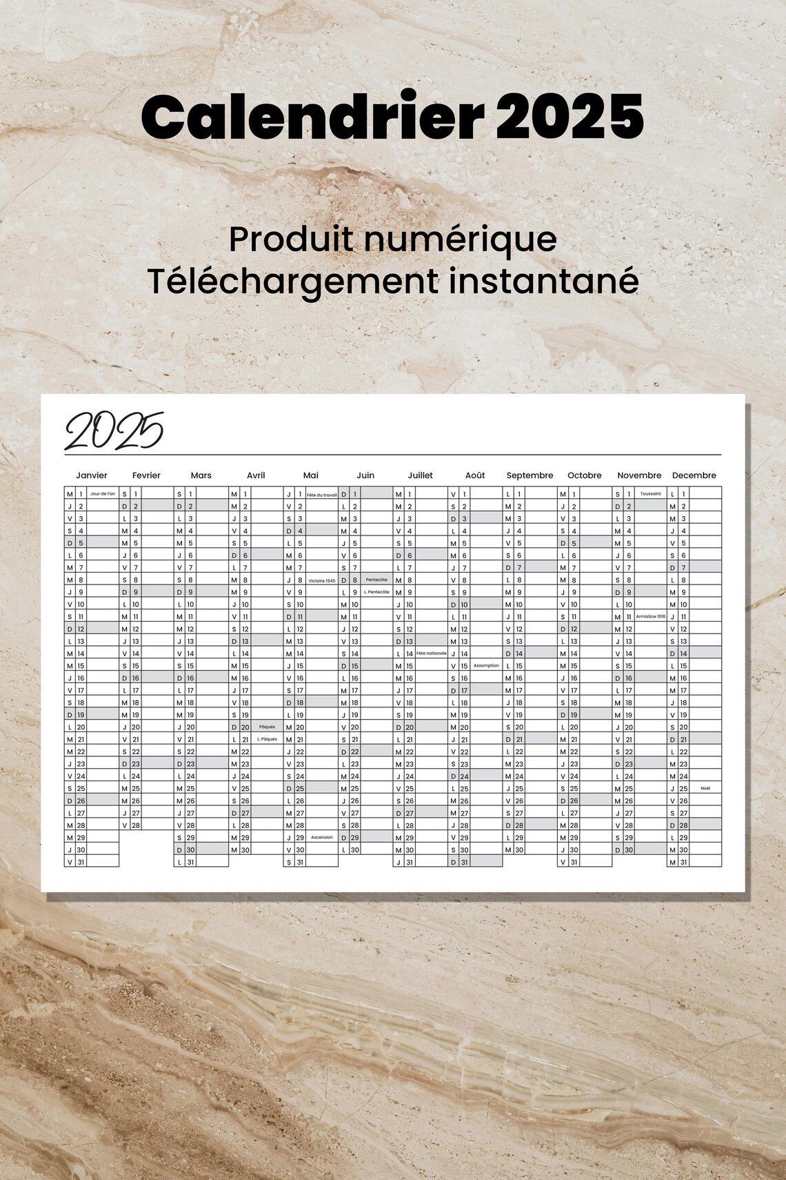 2025 Yearly Calendar Printable, French Calendar, Minimalist Calendar ...