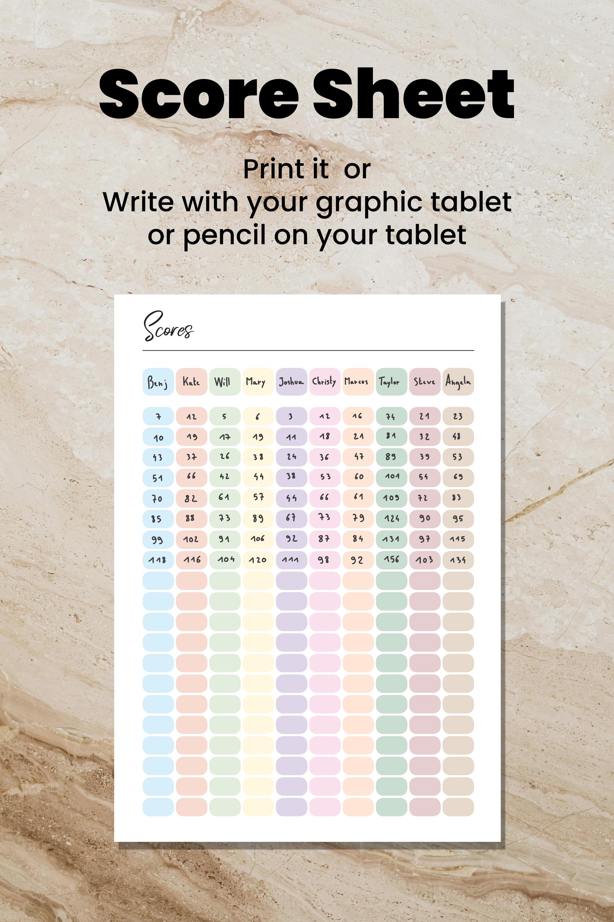 Score Sheet Printable, Game Score Tracker, Player Score List, Board ...