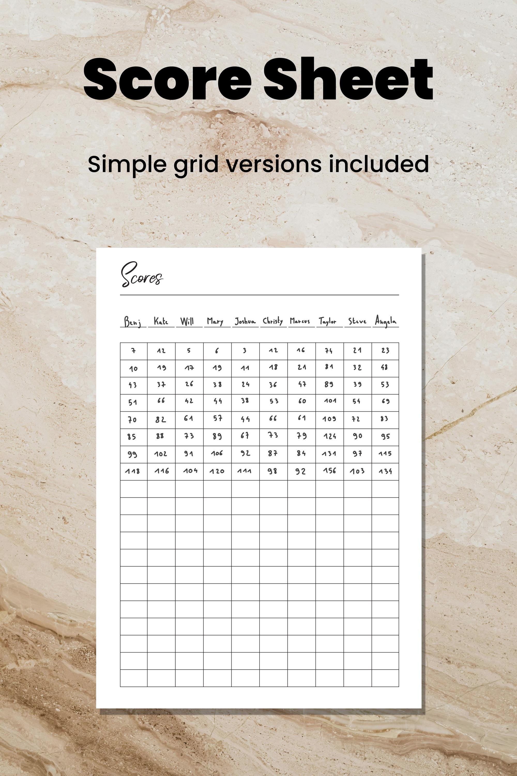Score Sheet Printable, Game Score Tracker, Player Score List, Board ...
