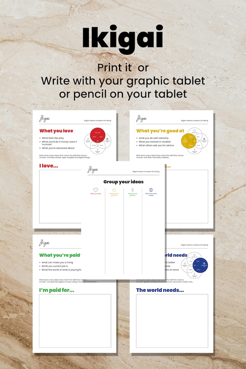 Ikigai Worksheet Printable, Life Goal, Purpose Finder, Reason for Being ...