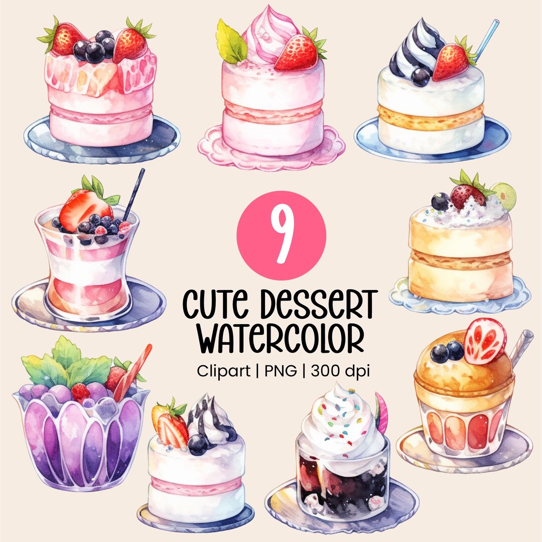 SET OF 9 PNG Watercolor Desserts Clip Art in Soft Pastel Colors for ...