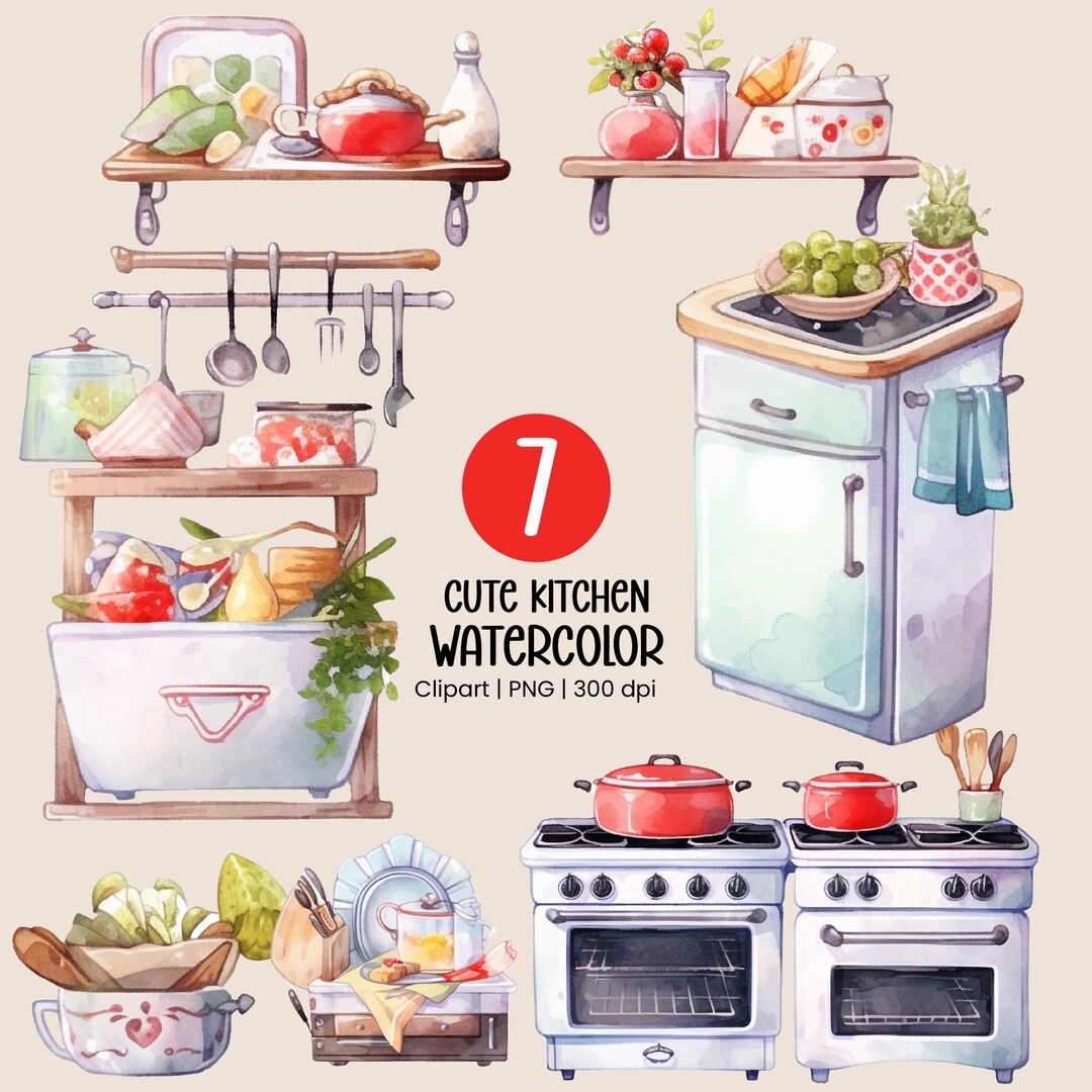 SET OF 7 PNG Soft Pastel Watercolor Cute Kitchen Clipart for Planners ...