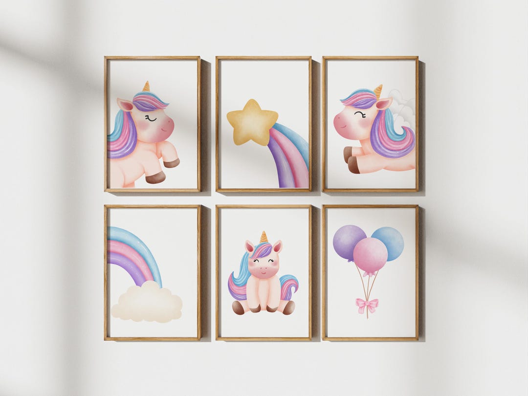 Unicorn Wall Art, Set of 6 Printable Unicorn Rainbow Art, Girls Room ...