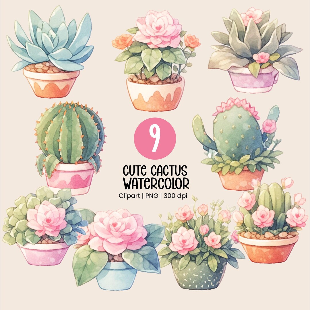 SET OF 9 PNG Soft Pastel Watercolor Cactus Clipart for Planners ...
