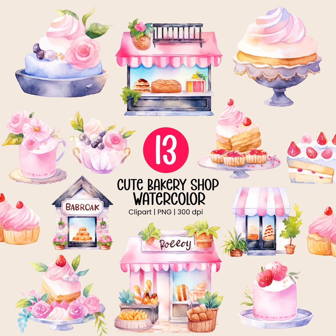 Set of 9 PNG Cute Bakery Shop Watercolor Pastel Clipart With Cakes and ...
