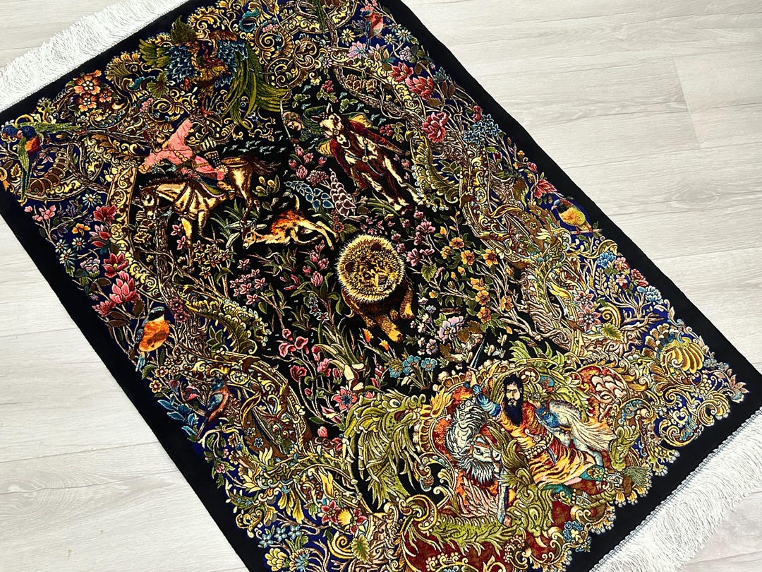 3x4 Hunting Design Silk Rug/small Rug/pure Silk Rug/high Quality Silk ...