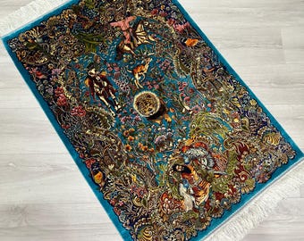 3x5 Animal Patterned Green Silk Rug/small Carpet/high Quality Rug/pure ...