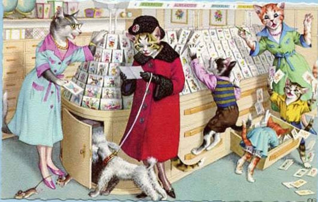 Mainzer Cats at the Card Shop Postcard, Dressed Cats Shopping, Post ...
