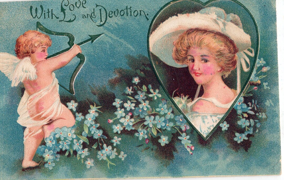 Antique Valentine Post Card, Cherub, Lady in Heart, Valentine Greeting ...