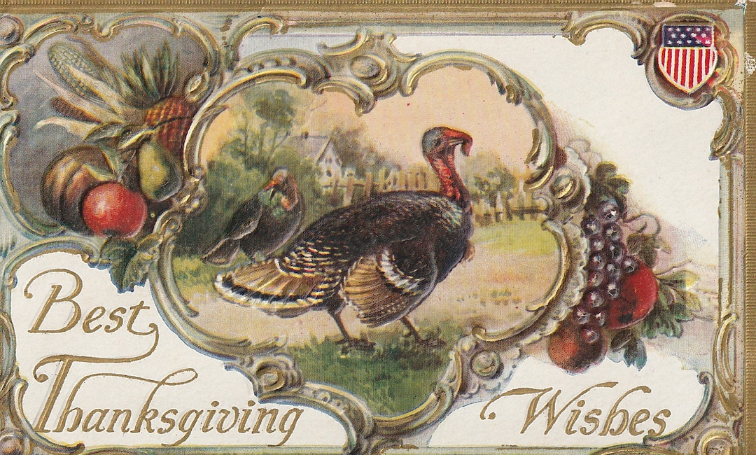 Thanksgiving Wishes Embossed Vintage Postcard, Turkey With Fruits ...
