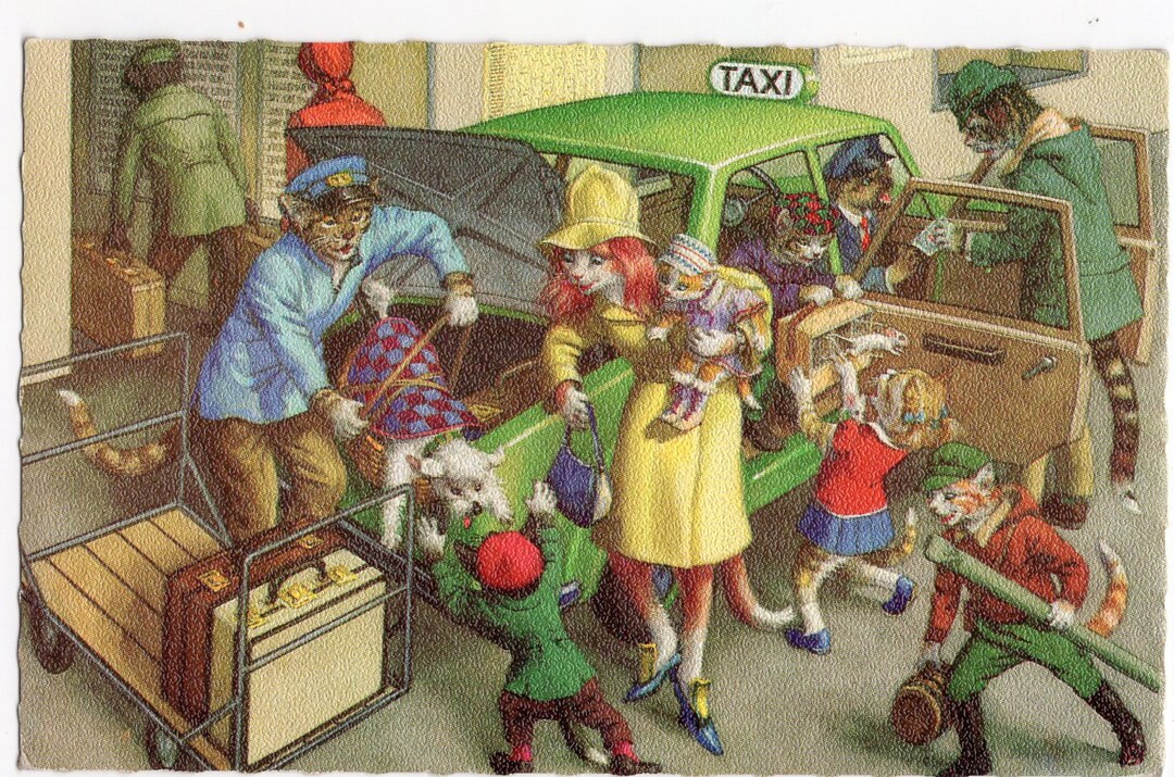 Mainzer CATS Vintage Postcard - Out of the Taxi, Travel Time. Mainzer ...