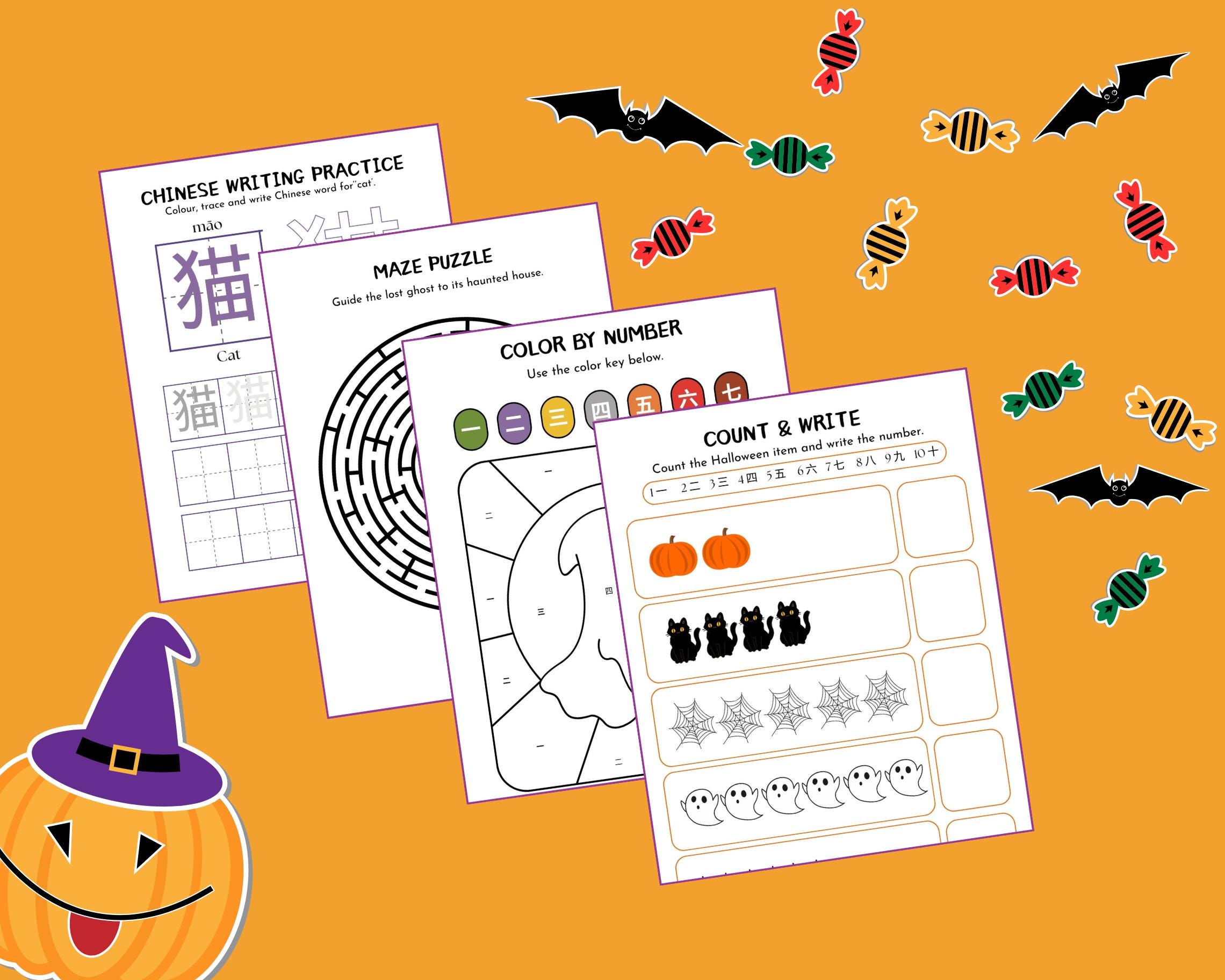 Chinese Halloween Worksheets for Kids, Chinese Characters Practice ...