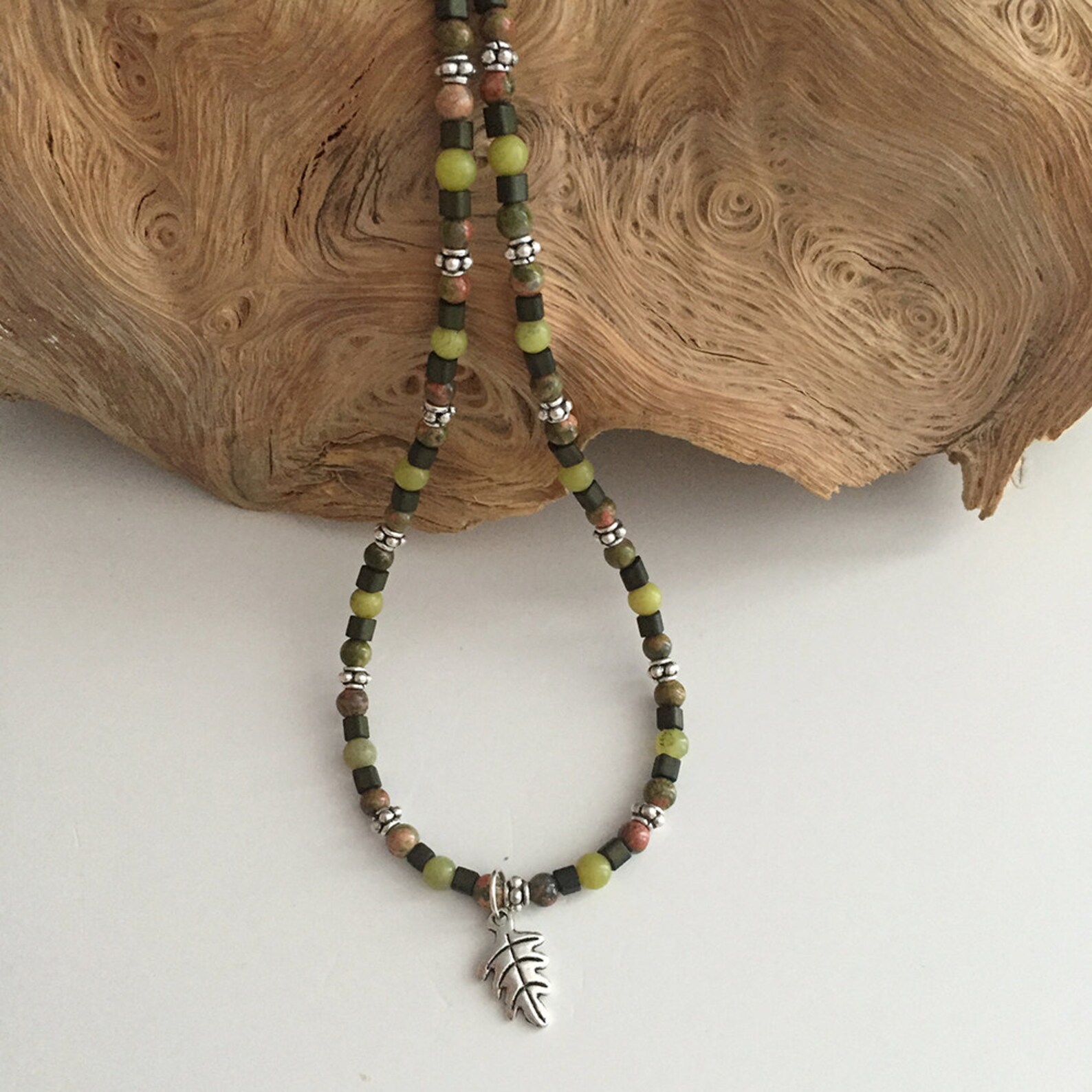 Forest Green Jade, Unakite and Silvertone Bead Necklace With Leaf ...