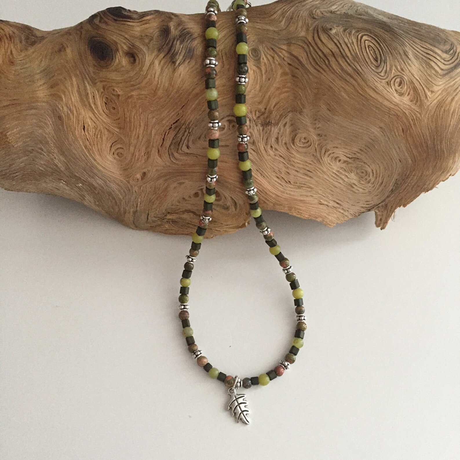 Forest Green Jade, Unakite and Silvertone Bead Necklace With Leaf ...
