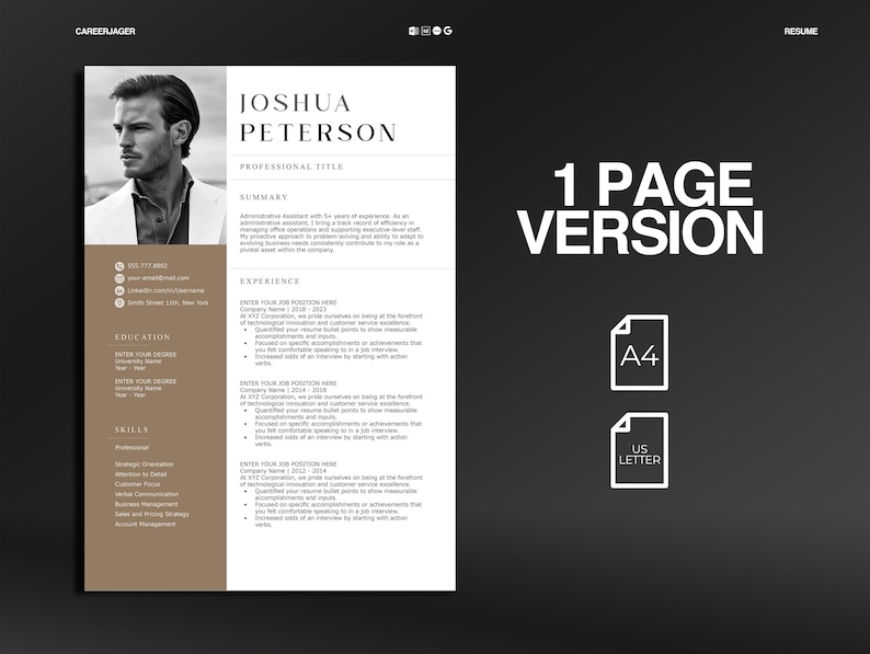 Modern Male Resume Template | Editable CV Design for Men (word, Docs ...