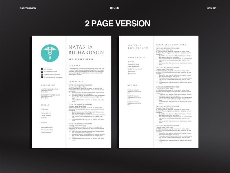 Registered Nurse Resume Template, Modern CV for Word, Canva, Indesign ...