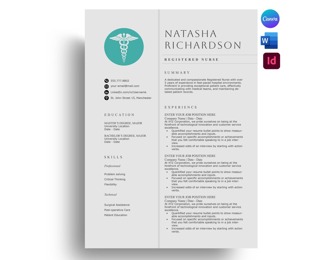 Modern Nurse Resume Template | Indesign, Word, Canva | Editable ...