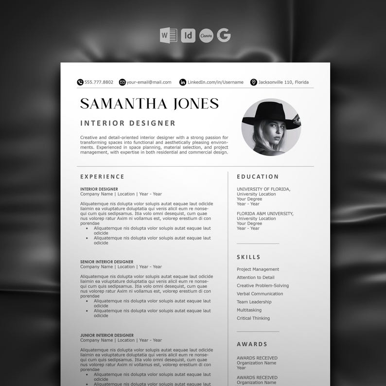 Interior Designer Modern Resume Template: Editable CV for Word, Docs ...