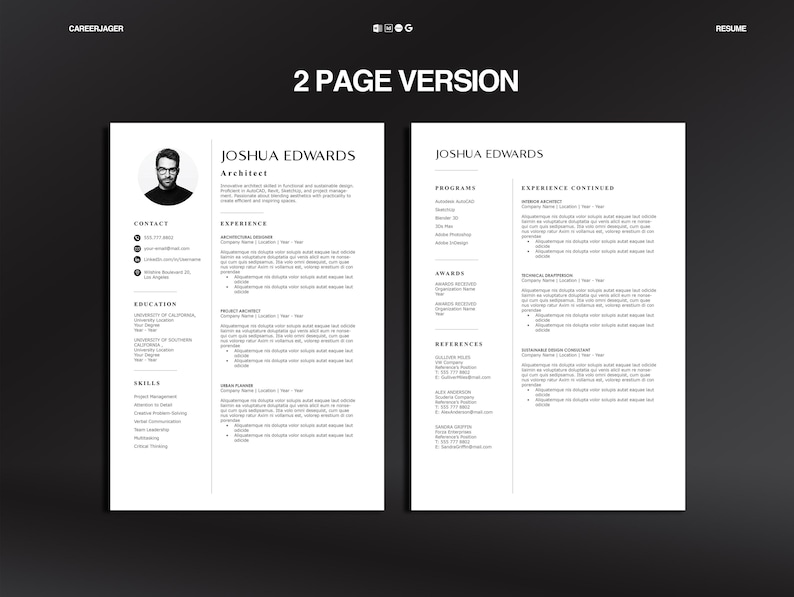 Architect Resume Template: Modern CV for Word, Indesign, Canva, Docs ...
