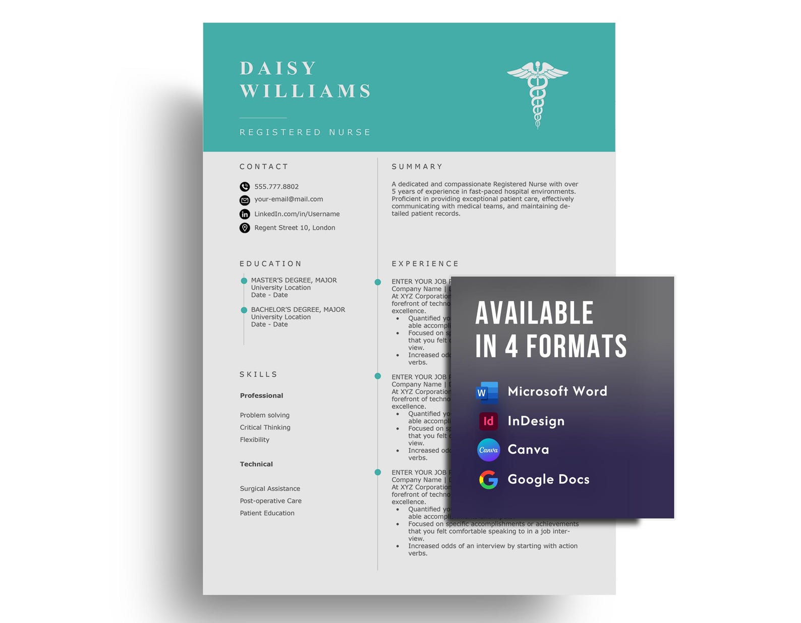 Editable Nurse Resume Template | Indesign, Word, Google Docs, Canva ...