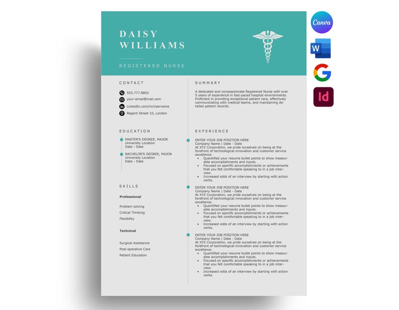 Editable Nurse Resume Template | Indesign, Word, Google Docs, Canva ...