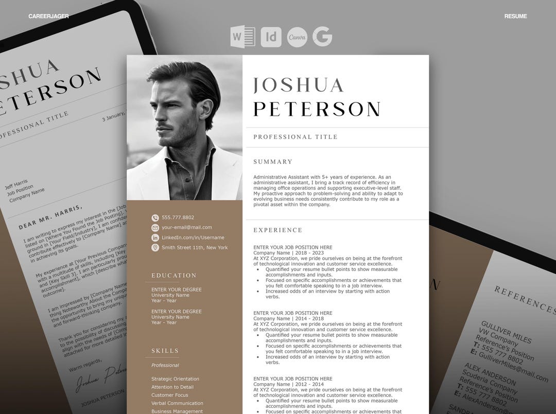 Modern Male Resume Template | Editable CV Design for Men (word, Docs ...