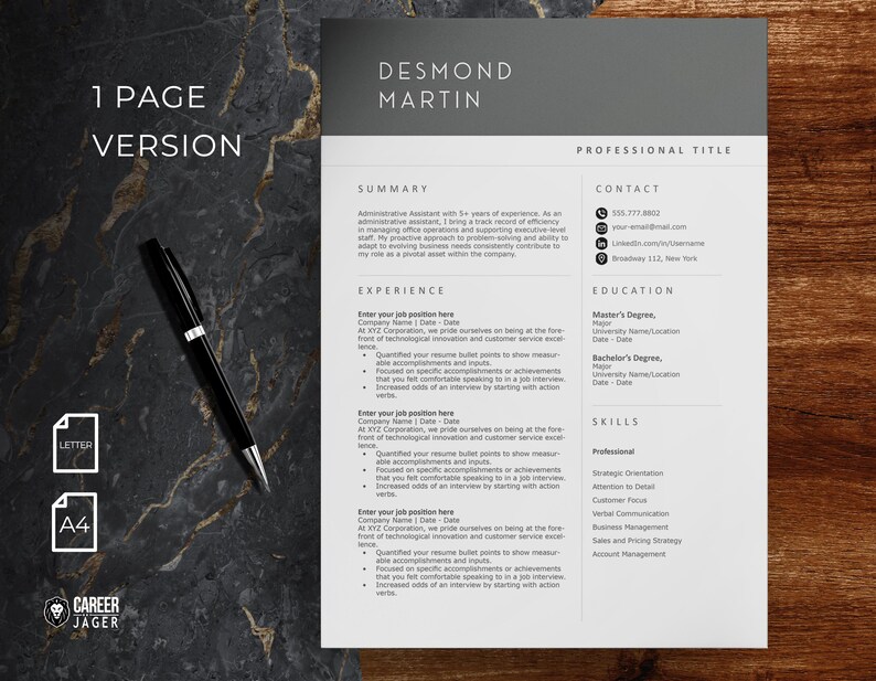 Editable Executive Resume Template | Word, Canva, Google Docs, Indesign | Professional Resume ...